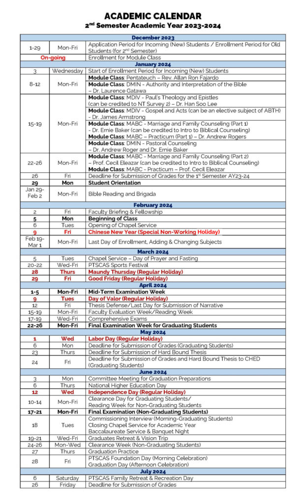 Academic Calendar | PTS College & Advanced Studies